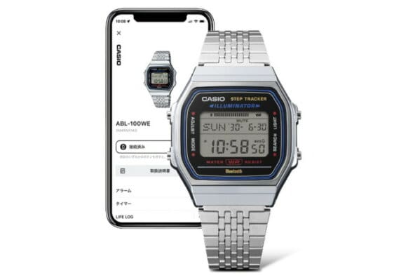 Casio ABL-100 is a retro-style metallic digital watch with Bluetooth and Step Tracker - G ...