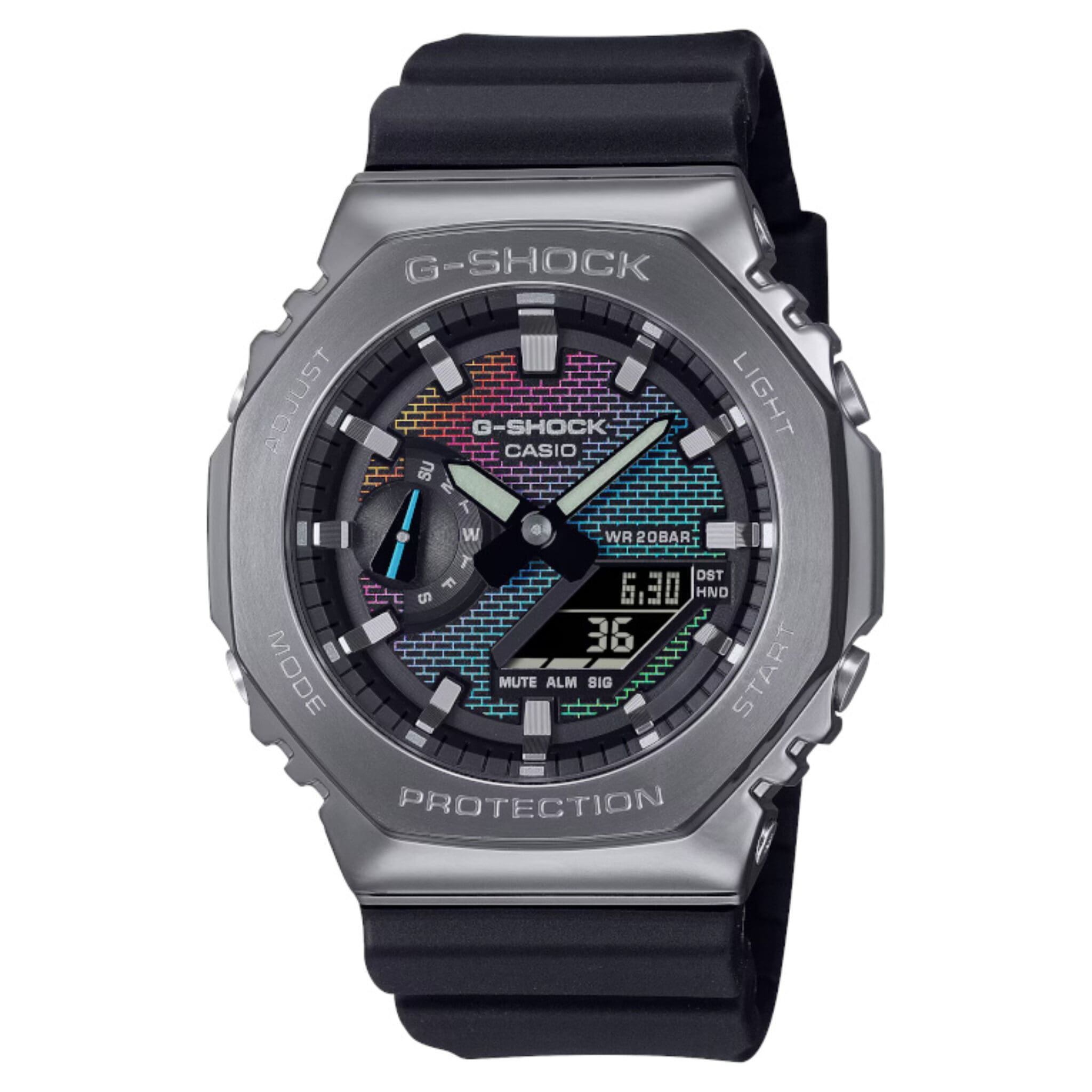 Two more metal-covered G-Shock Rainbow Brick Wall models with gray ion ...