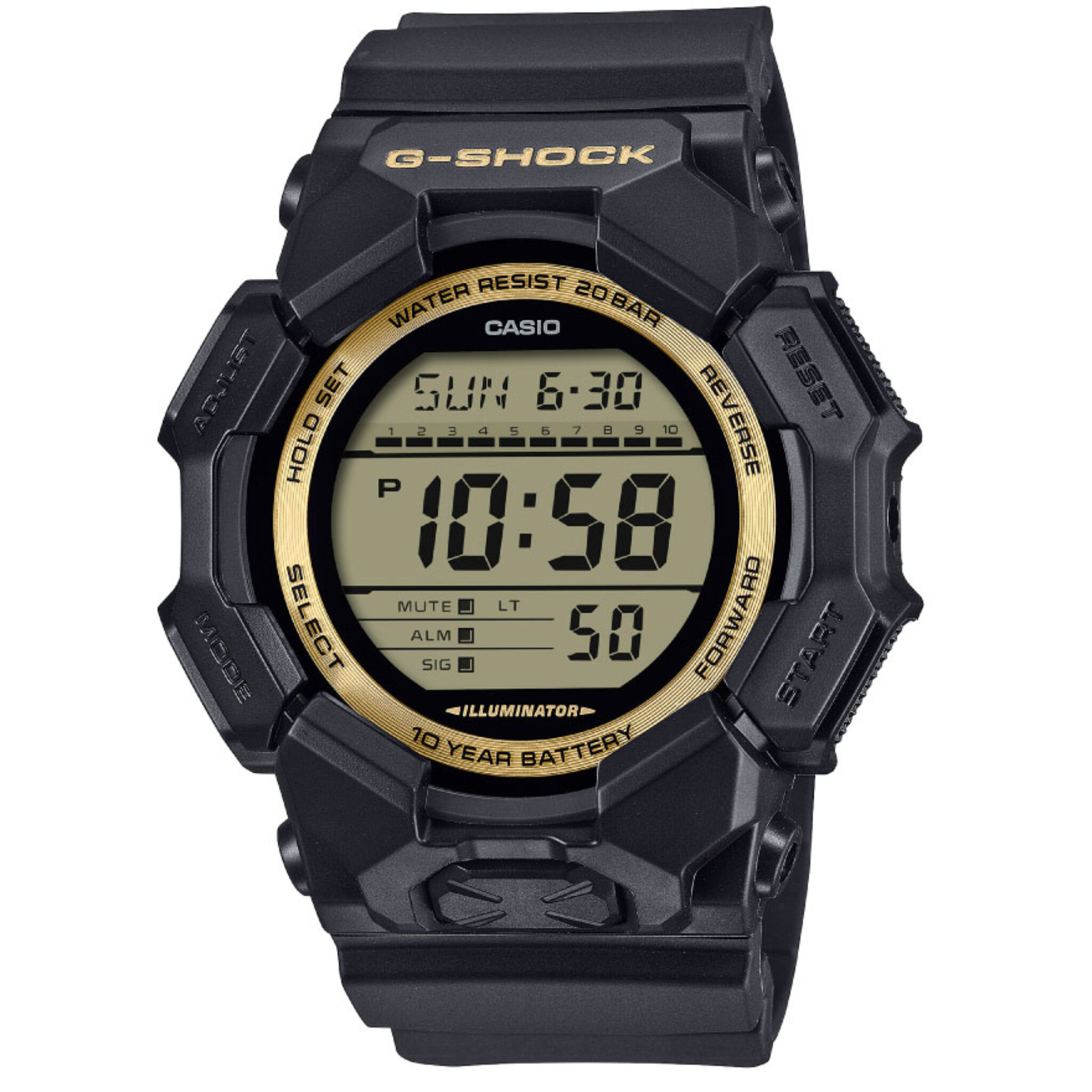 G-Shock GD-010GB-1A9: Black and gold with large LCD display and 10-year ...