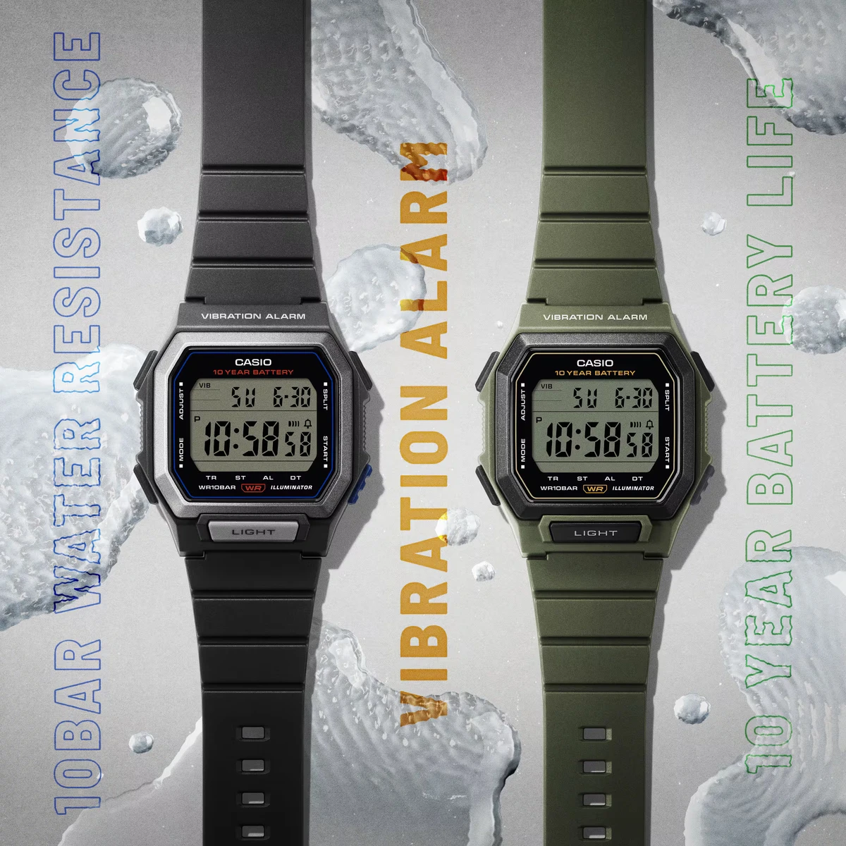 Casio W-738H: Like a W-736H in a square case (Vibration, 100M WR, 10 ...